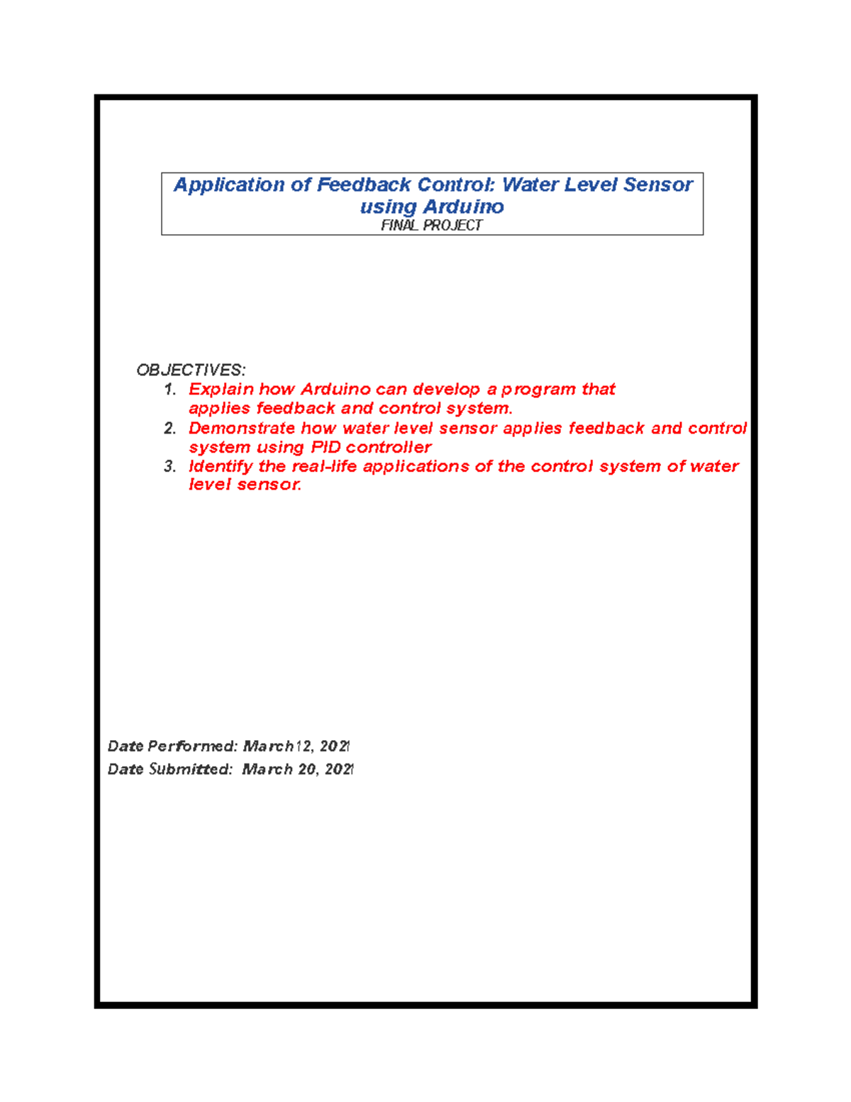 ECE 006 - Final Project - Application of Feedback Control: Water Level ...