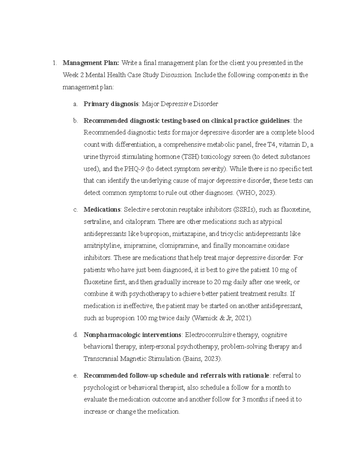 Management Plan for Major Depressive Disorder - Case Study Analysis ...