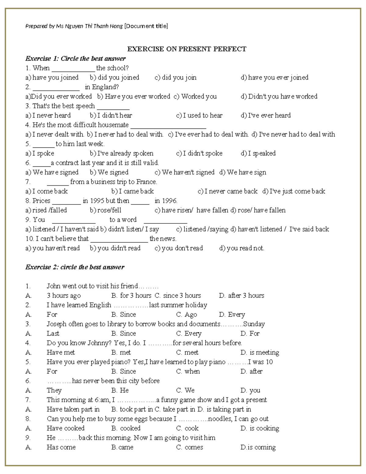 Exercise on Present Perfect Tenses for English Language Learners - Studocu