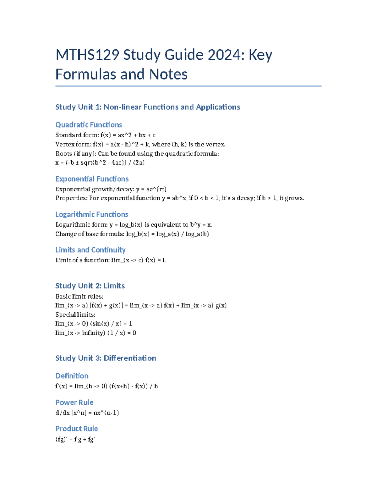 MTHS129 Study Guide 2024: Key Formulas and Important Notes - Studocu
