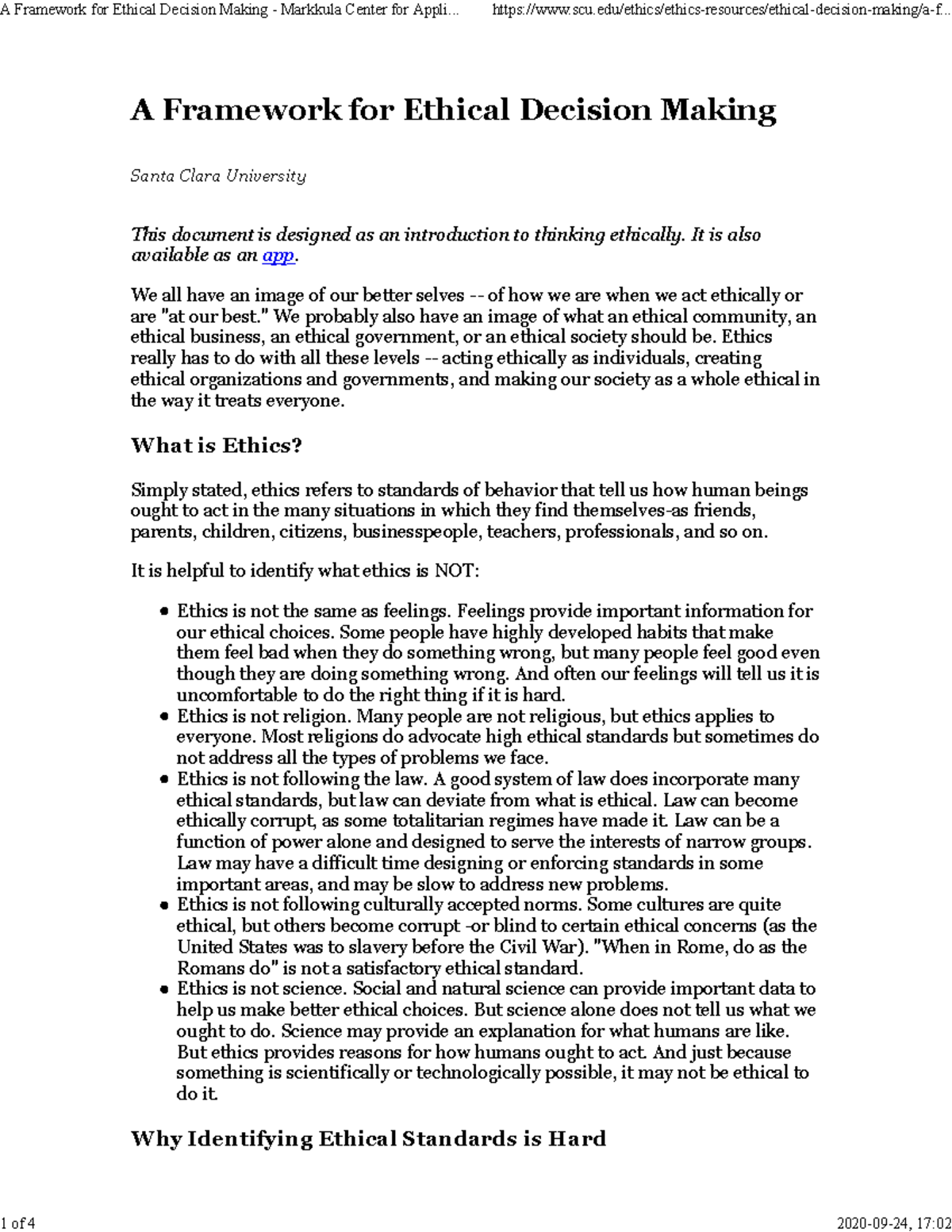 (4) Markkula Framework for Ethical Decision Making Overview - Studocu