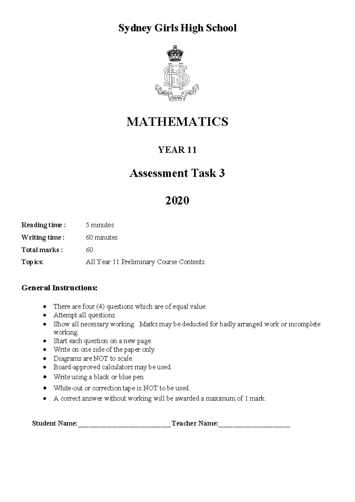 2020 Y11 MA Task 3 - All Y11 Preliminary Course Content - Sydney Girls ...