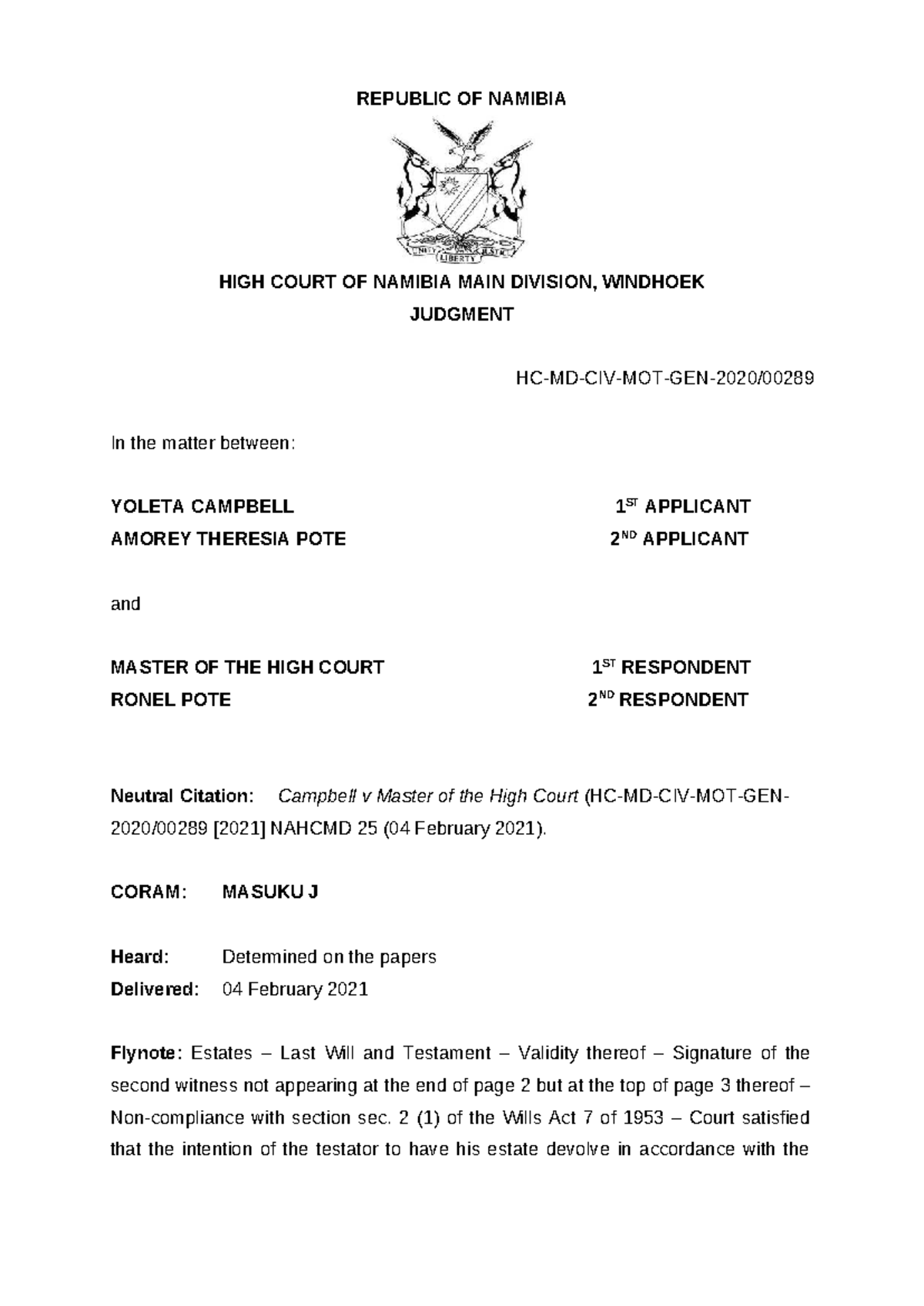 Campbell v Master of High Court: Validity of Last Will (NAHCMD 25 ...