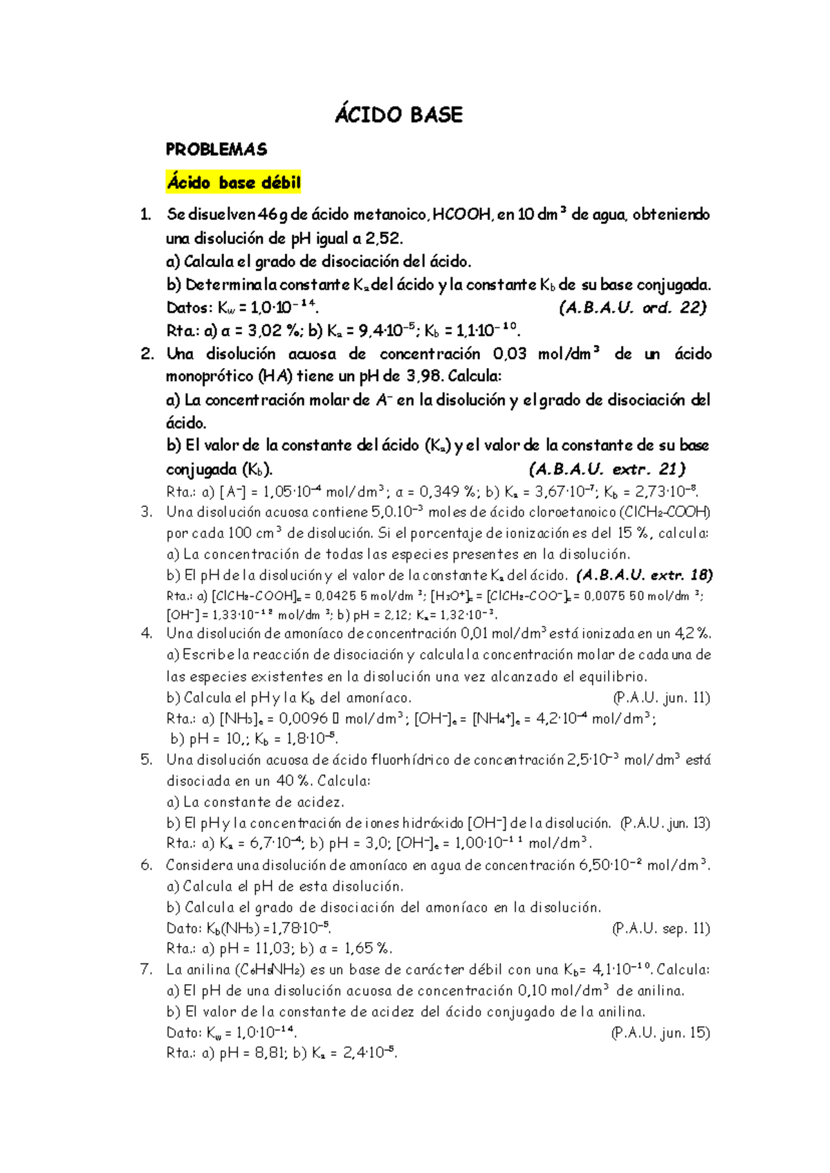 Ácido Base: Problemas y Soluciones en Química (A.B.A. 22-20) - Studocu