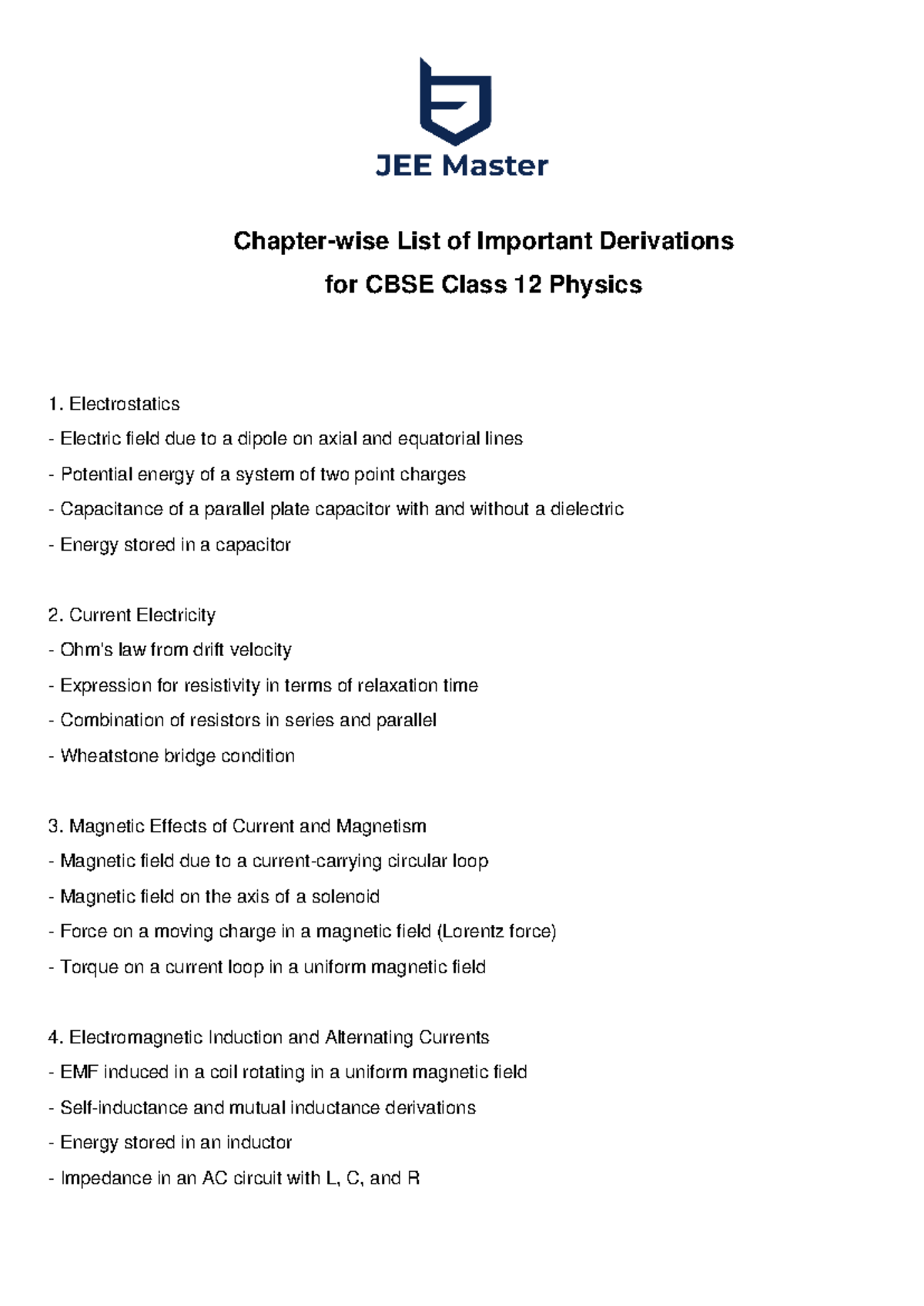 Derivations CBSE Class 12 Physics - Chapter-wise List of Important ...