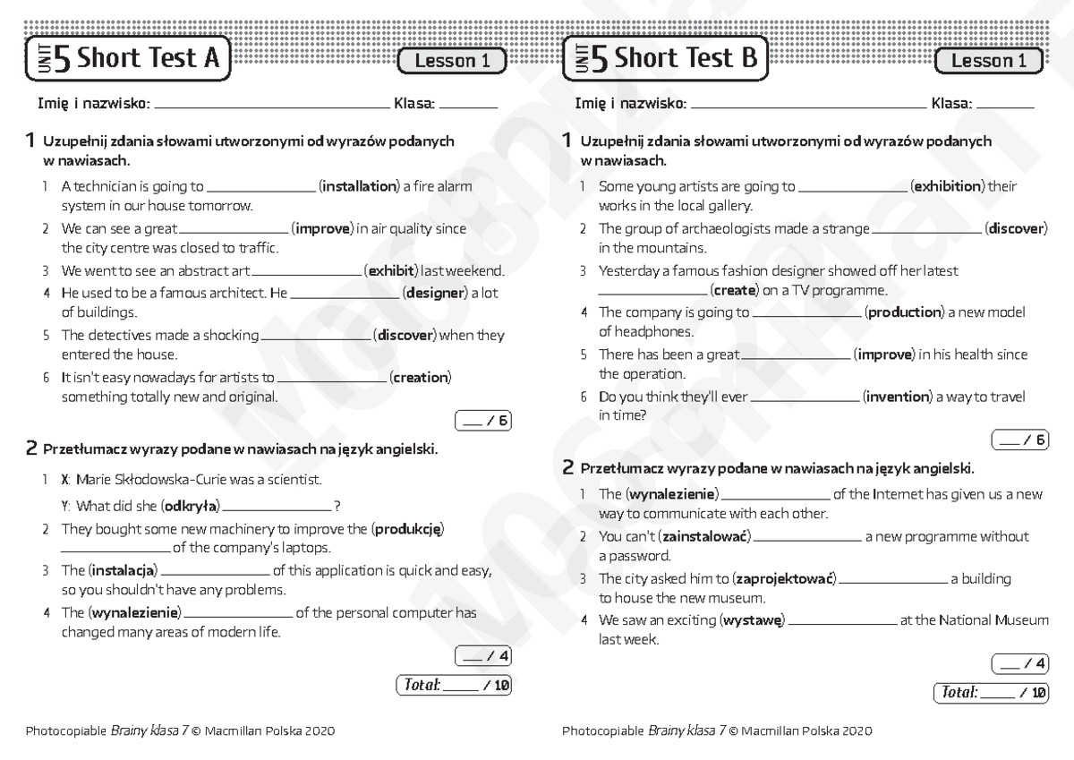 Brainy kl7 Unit 5 Short Tests A & B - Lesson 1 Review - Studocu