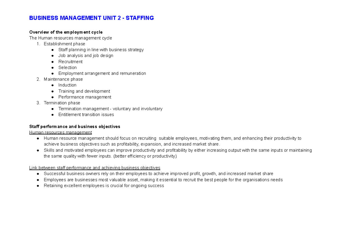 Business Management UNIT 2: Staffing & Employment Cycle Overview - Studocu