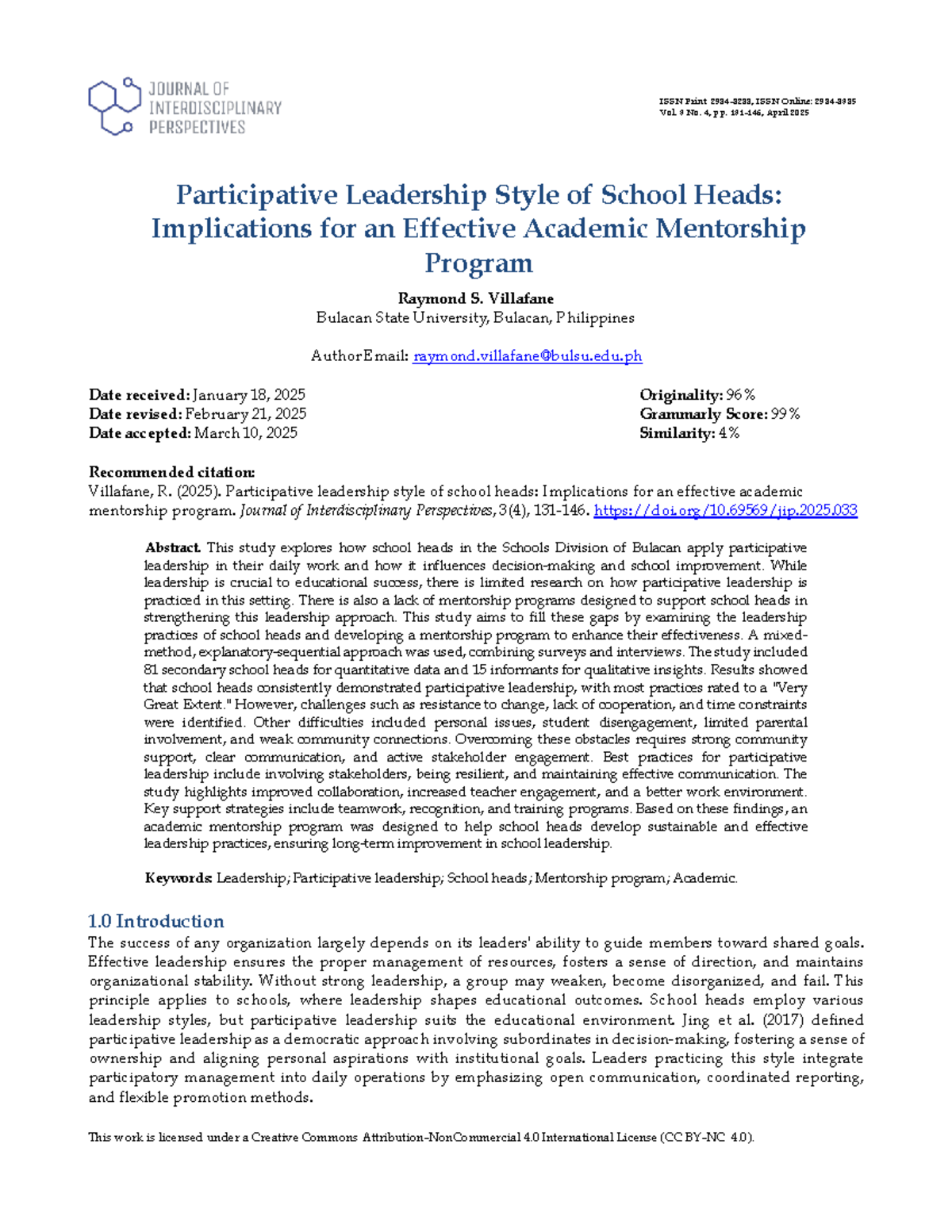 Participative Leadership Style of School Heads: Implications for ...