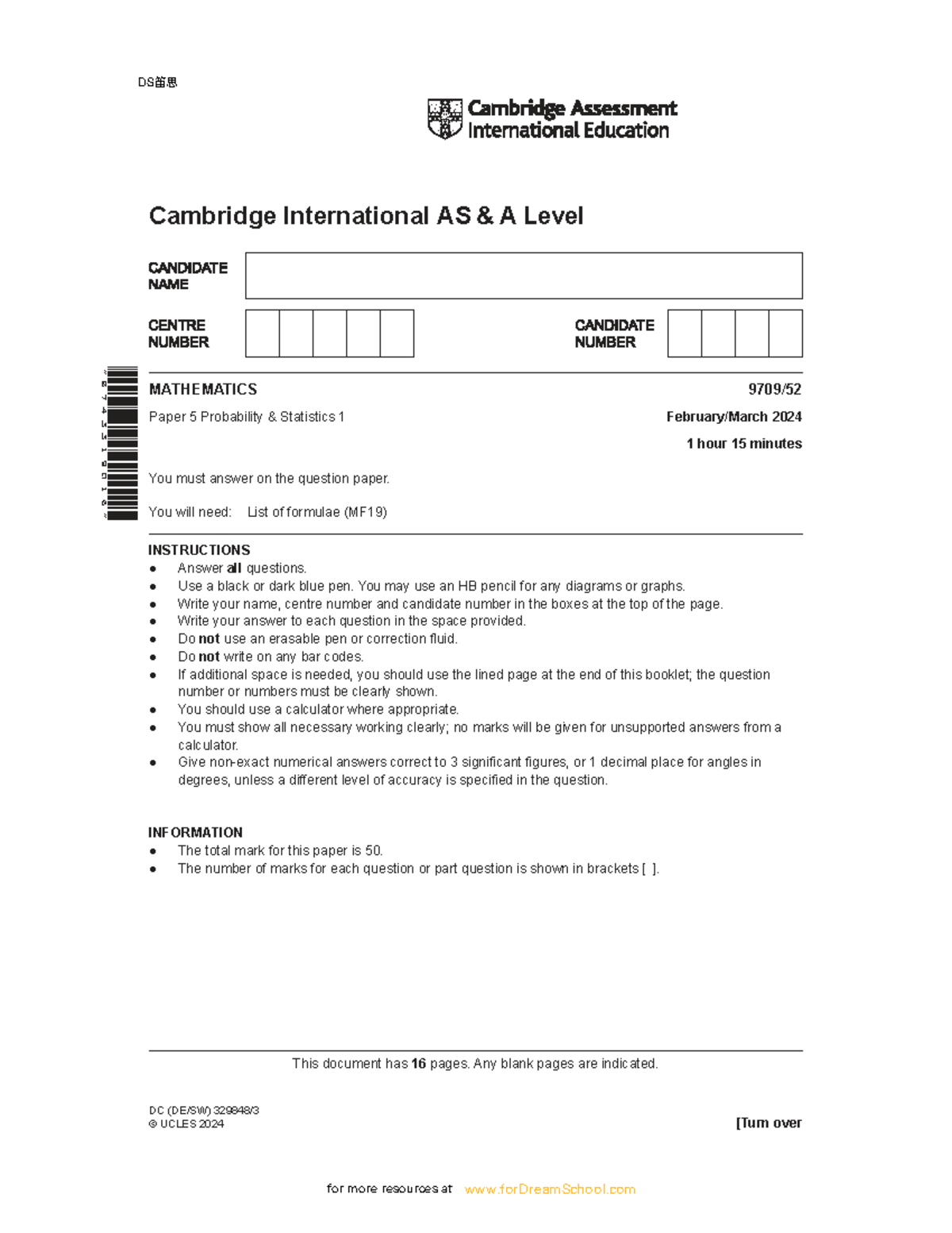 DS笛思 Cambridge International AS A Level 8743319016 MATHEMATICS Paper 5 ...