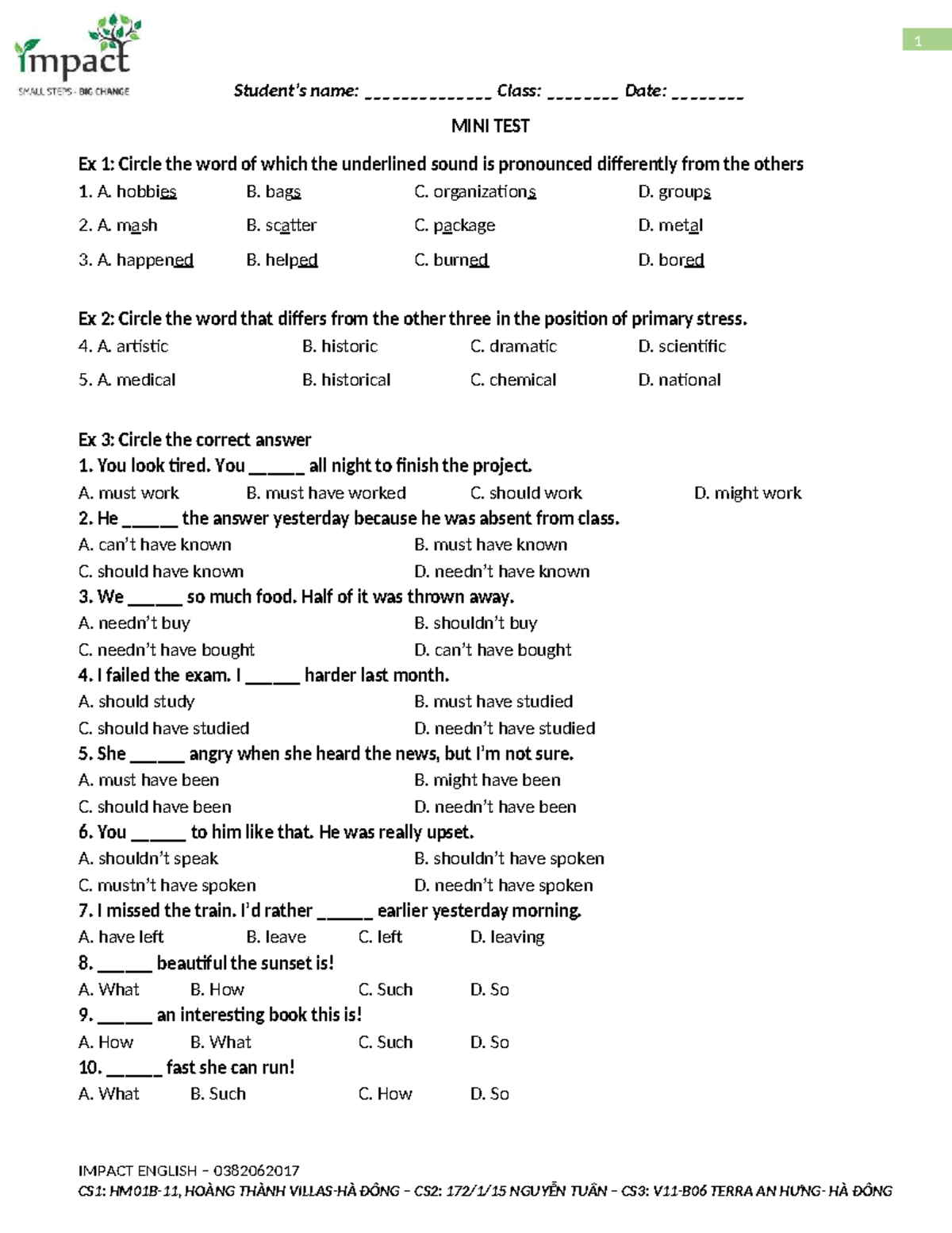 MS8 - Mini Test (23 4) - Pronunciation & Stress Exercises - Studocu