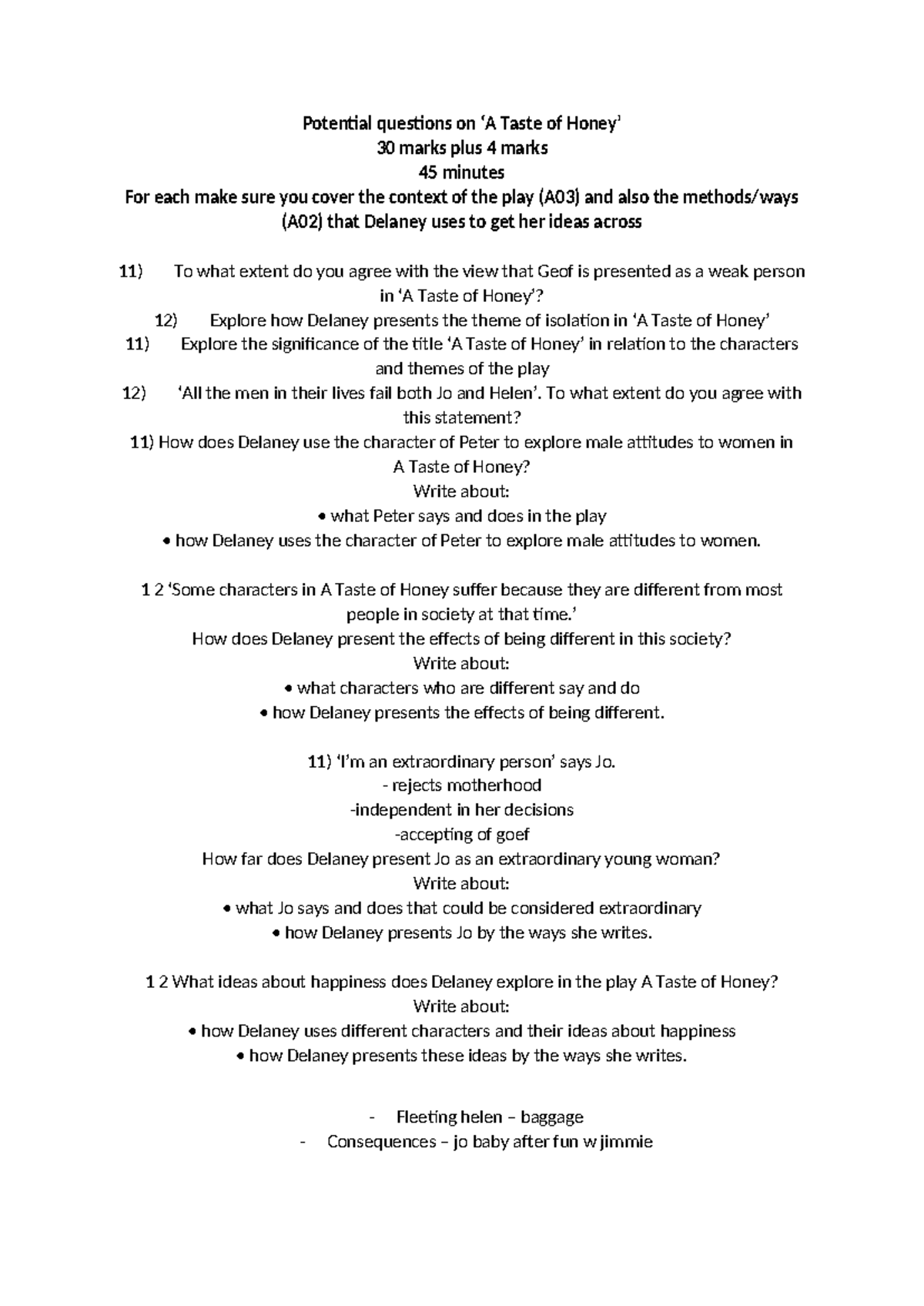 AQA 7712/1: Potential Exam Questions on 'A Taste of Honey' - Studocu