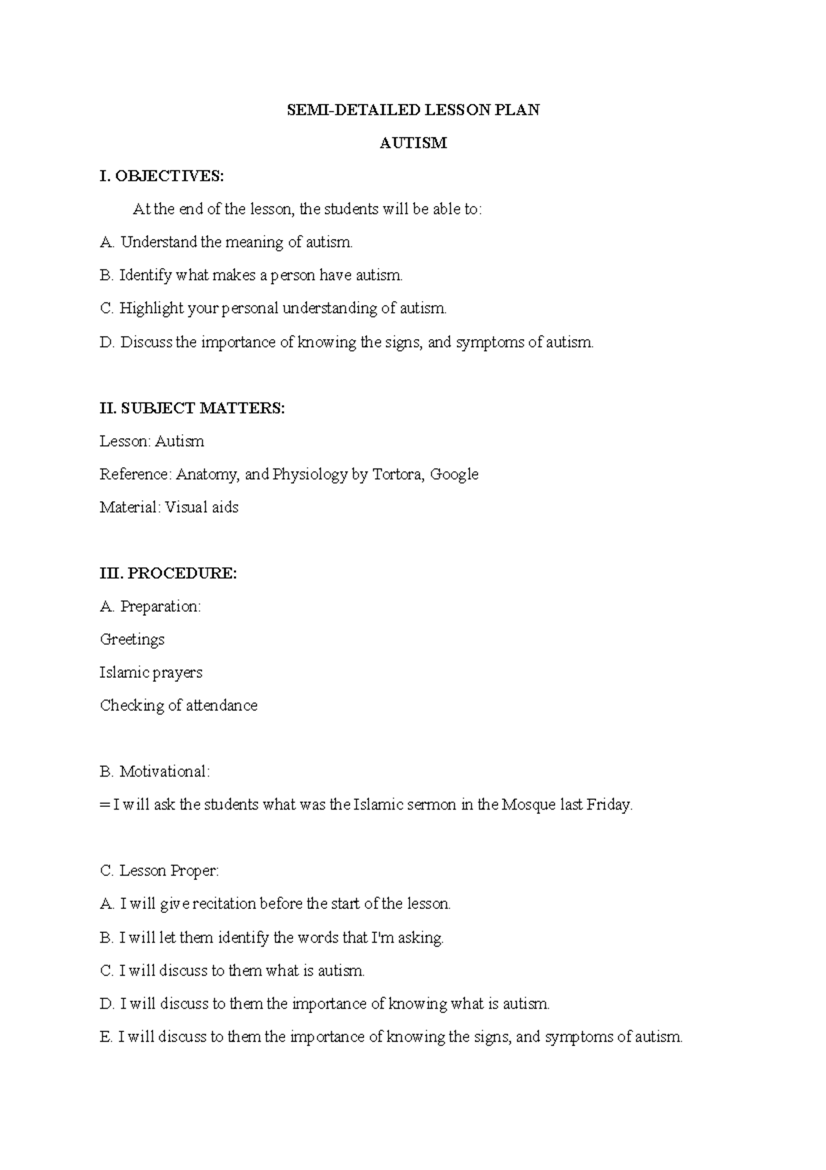 Autism Semi-detailed Lesson Plan - SEMI-DETAILED LESSON PLAN AUTISM I ...