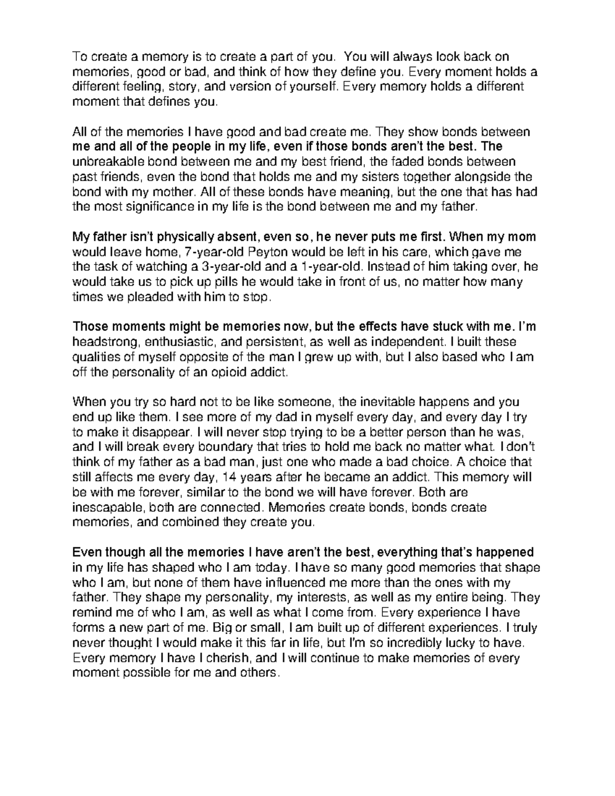ENG 101: College Essay on the Impact of Memories and Bonds - Studocu
