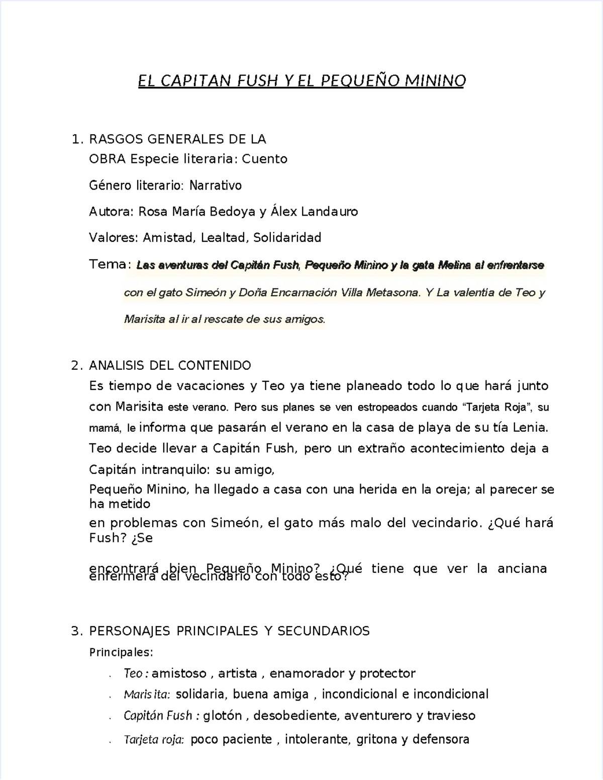 EL CAPITÁN FUSH Y EL PEQUEÑO MININO: ANÁLISIS LITERARIO - Studocu