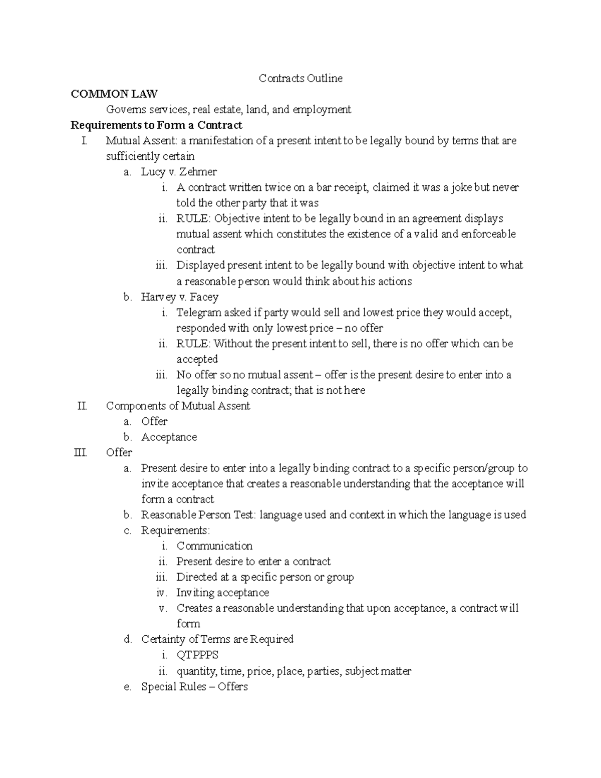 Contracts Outline - Common Law Principles and Mutual Assent - Studocu