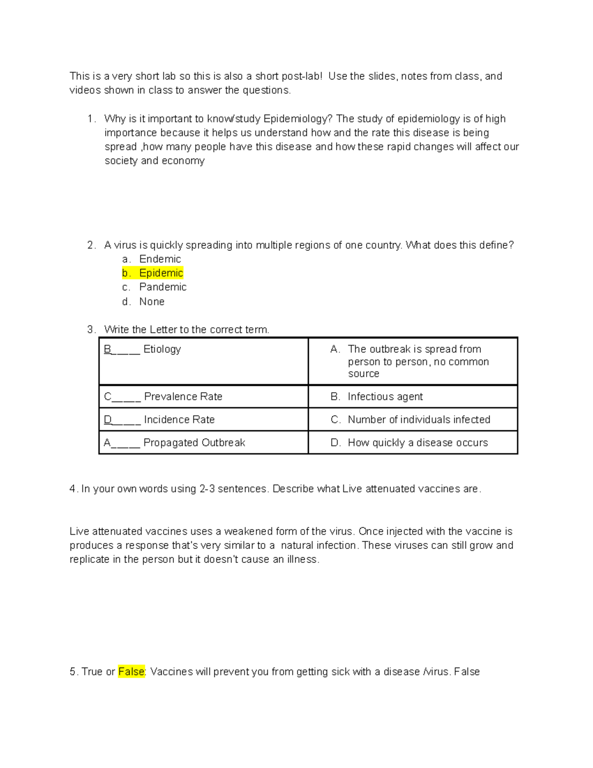 Post Lab 7 - Epidemiology & Vaccines Summary Worksheet - Studocu