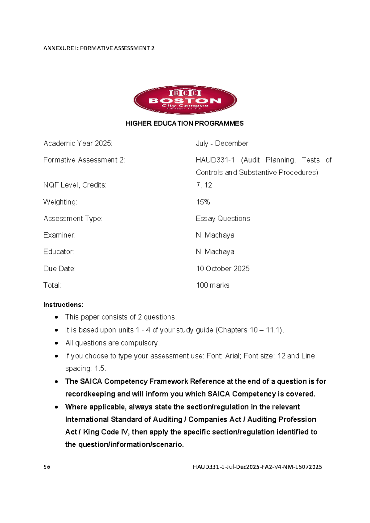 HAUD331: Formative Assessment 2 - Audit Planning & Procedures (Jul-Dec ...
