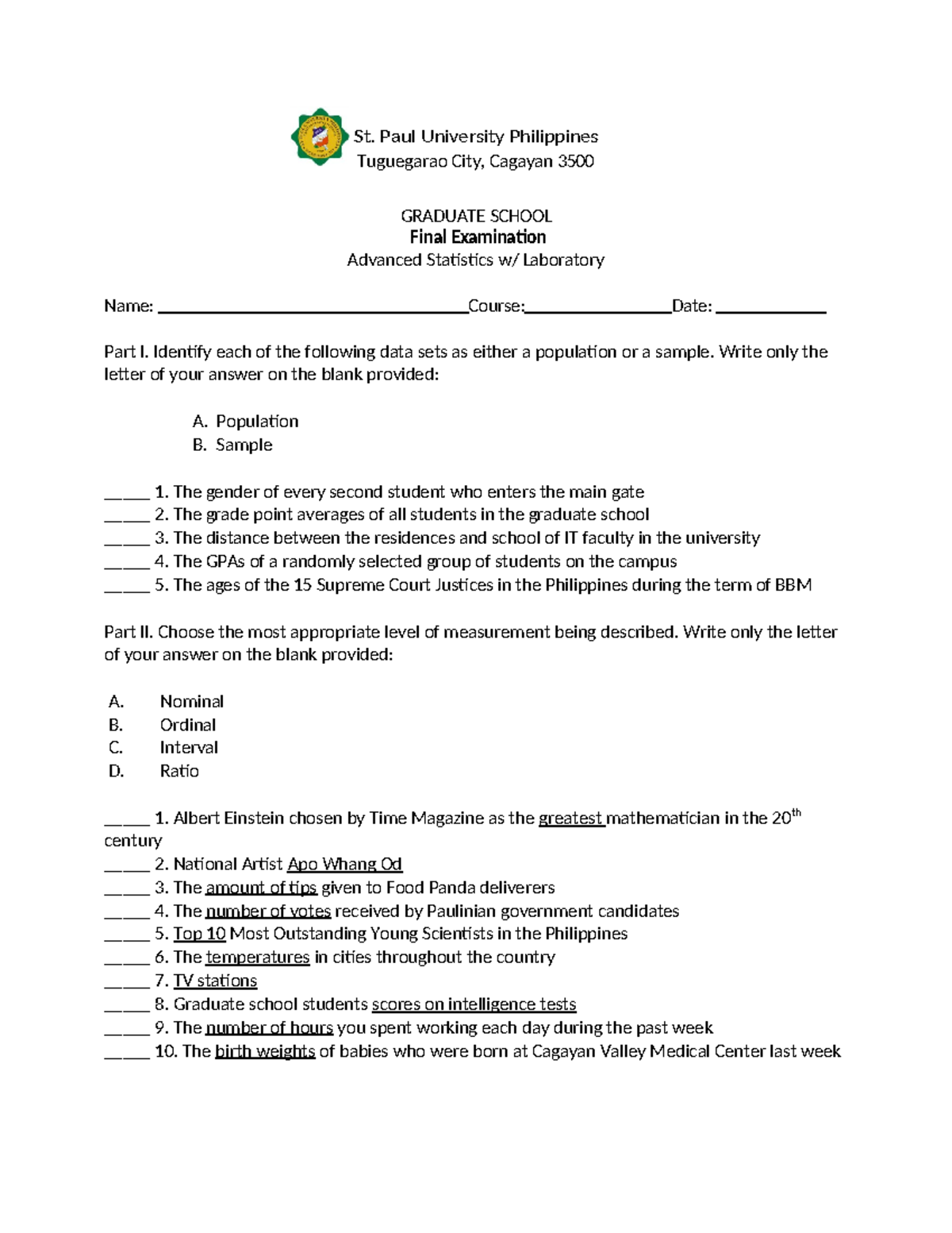 Final Exam: Advanced Statistics Lab Review (Course Code: GRAD-STAT ...