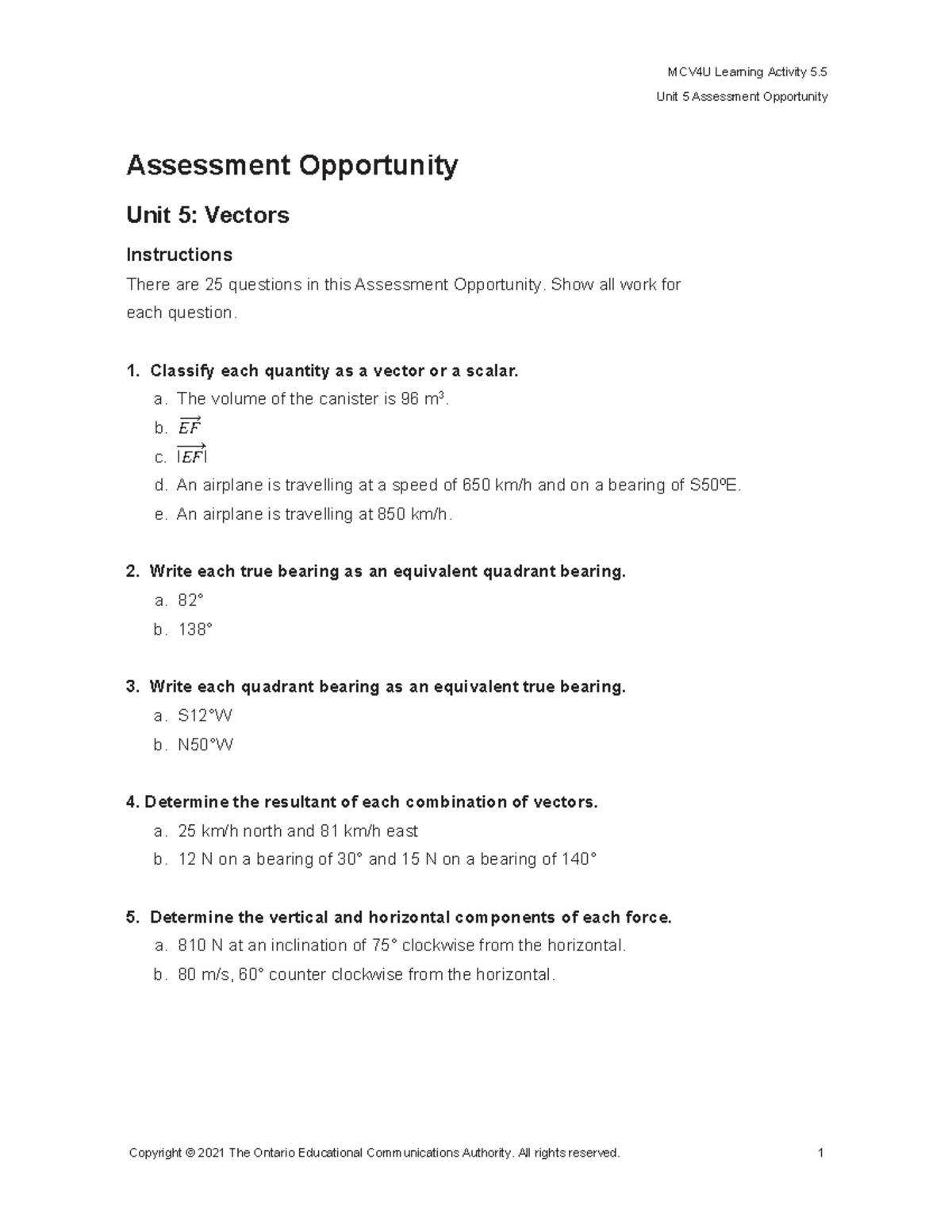 Unit 5 Assessment - Vectors - MCV4U Learning Activity 5. Unit 5 ...
