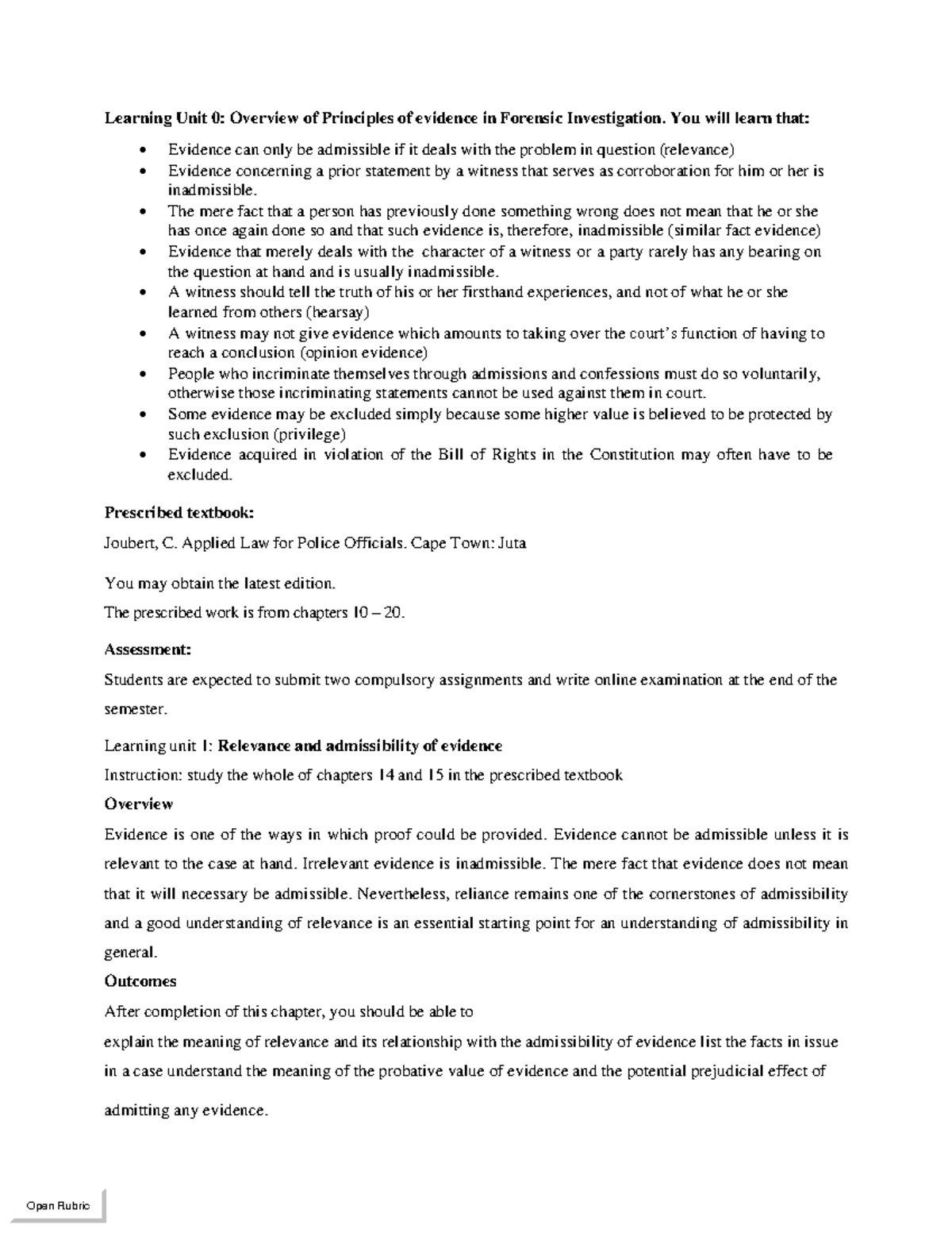 Forensic Investigation Principles: Evidence Overview (Course Code: 2026 ...