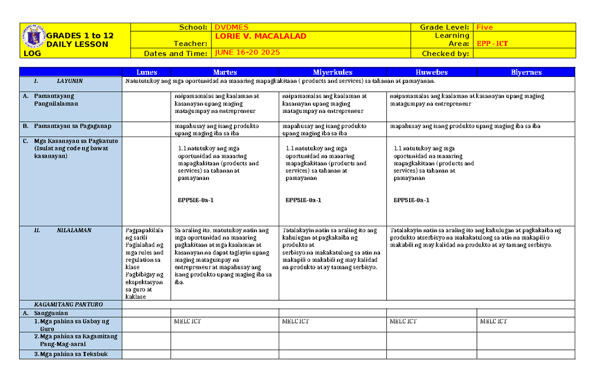DLL: EPP-ICT Grade 5 Daily Lesson Plan on Entrepreneurship - Studocu