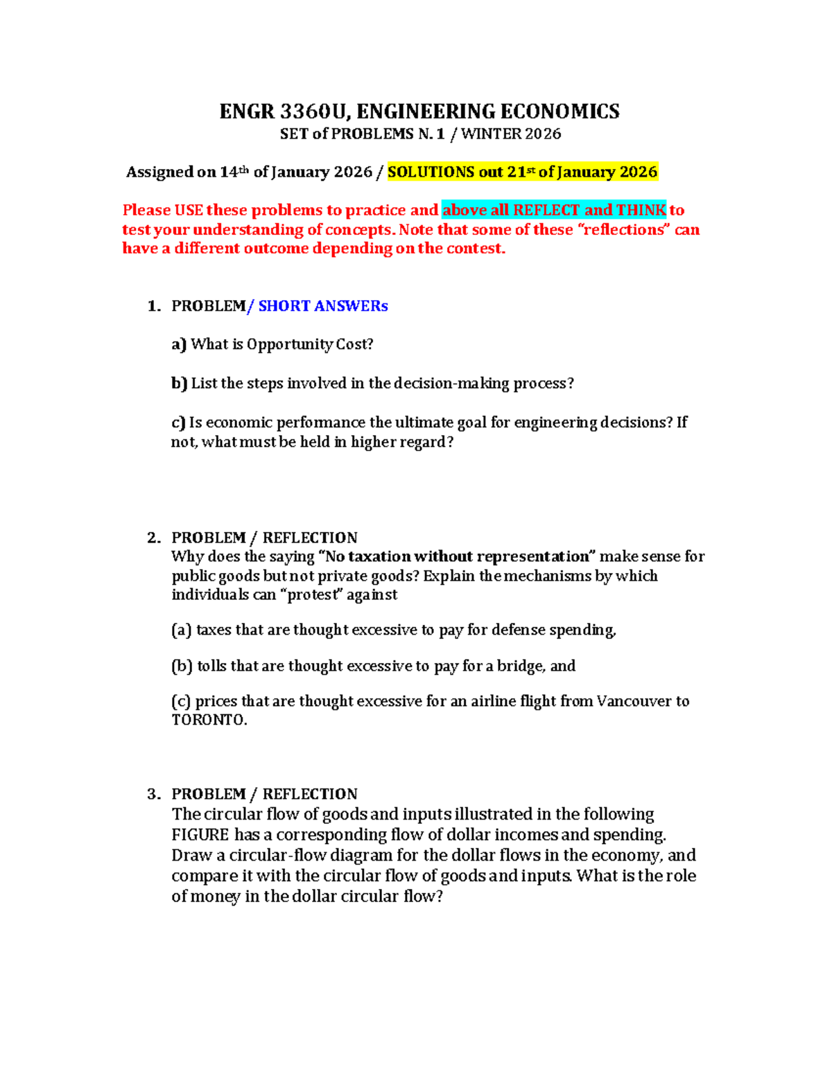ENGR 3360U - Engineering Economics Problem Set 1 Solutions Winter 2026 ...