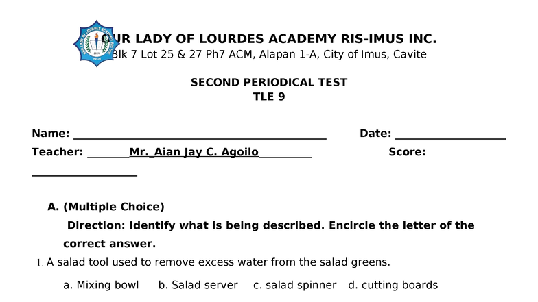 PT TLE 9 - Periodical Test in TLE 9 - OUR LADY OF LOURDES ACADEMY RIS ...