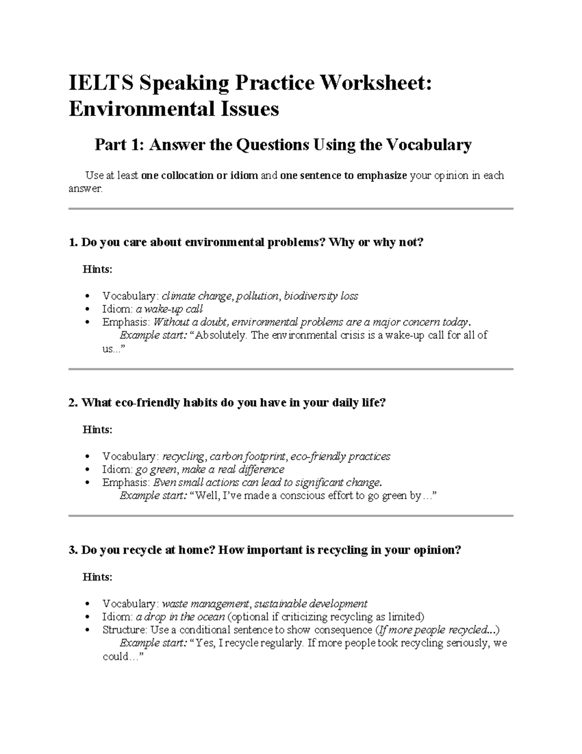 IELTS Speaking Practice Worksheet: Environmental Issues Guide - Studocu