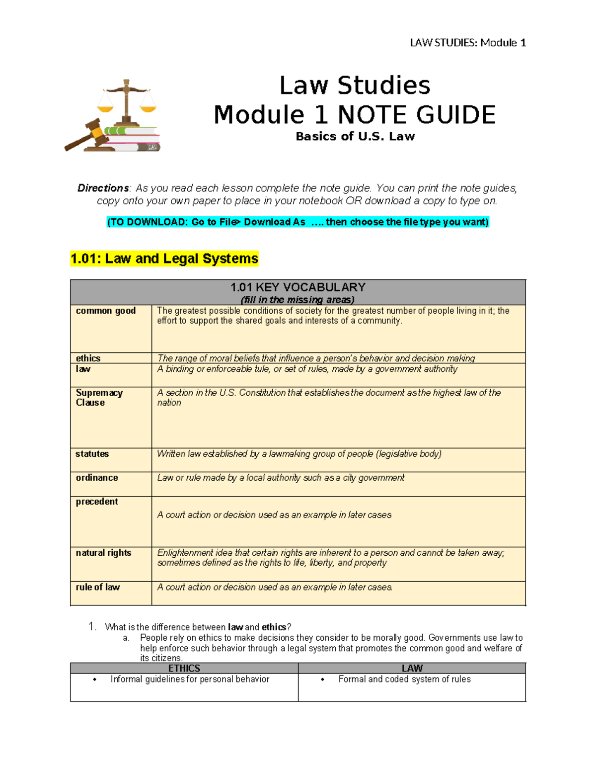 LAW STUDIES: Module 1 Note Guide on U.S. Law Basics and Legal Systems ...
