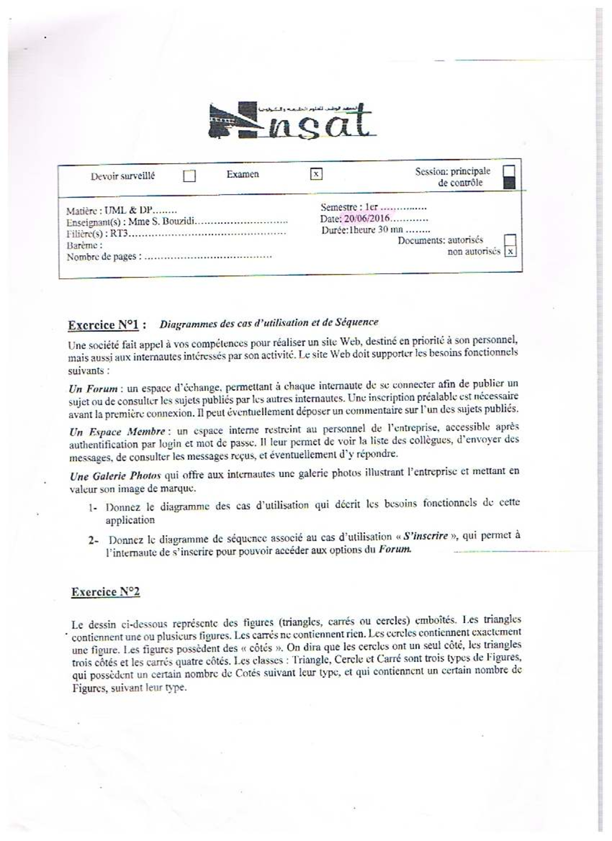 UML DP 1er Semestre: Devoir Surveillé Examen 2016 - Studocu