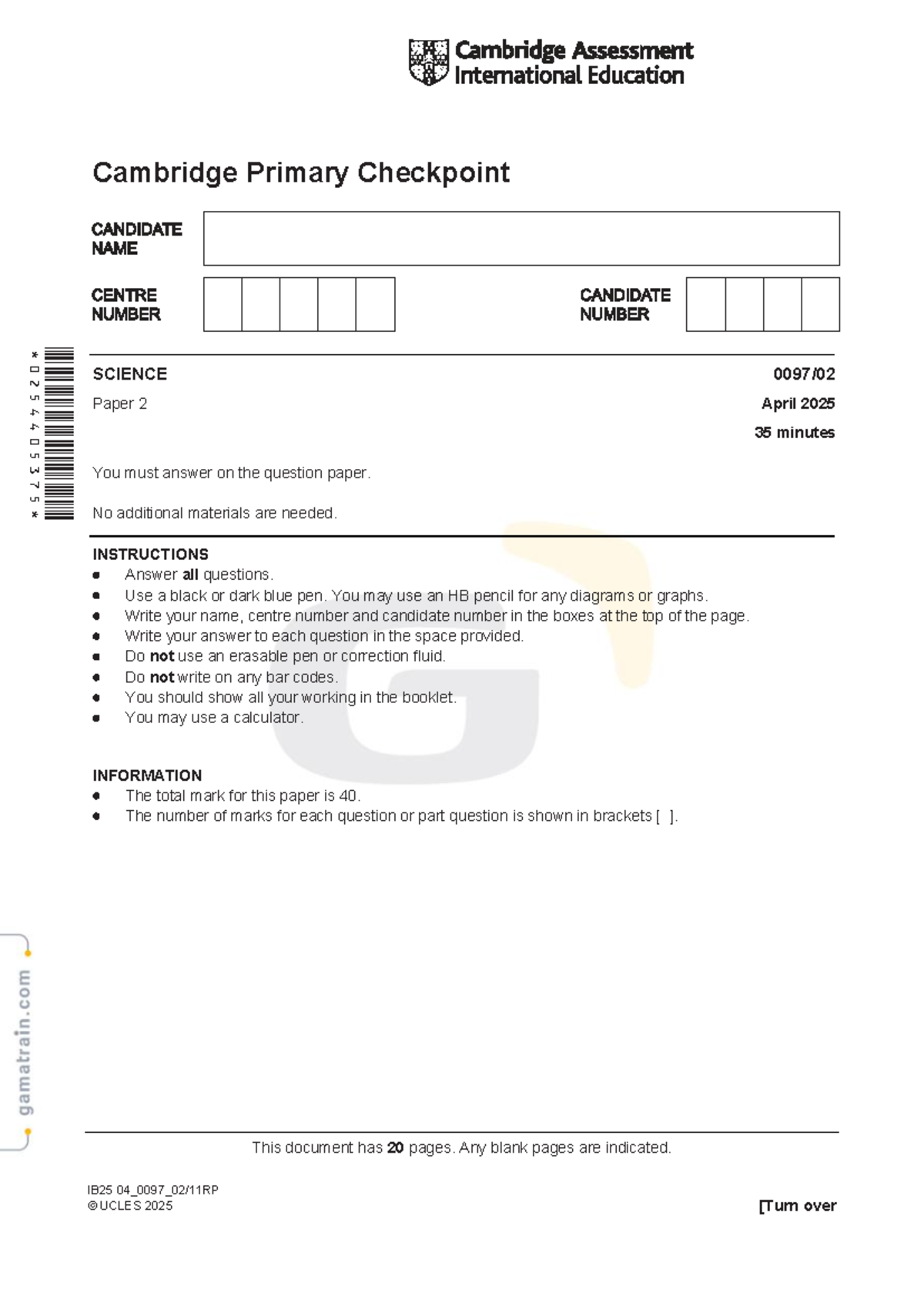 Cambridge Primary Checkpoint SCIENCE Paper 2 April 2025 Exam Guide ...