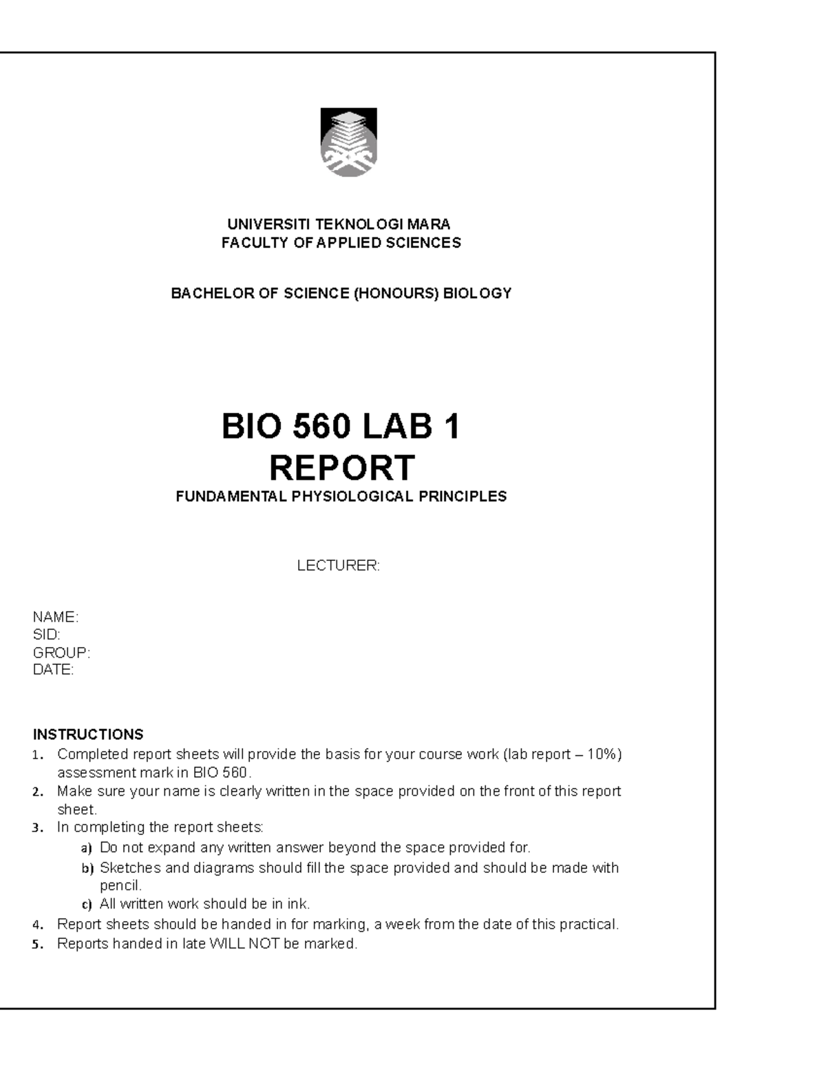 BIO560 LAB Report 1 FUNDAMENTAL PHYSIOLOGICAL PRINCIPLES - UNIVERSITI ...