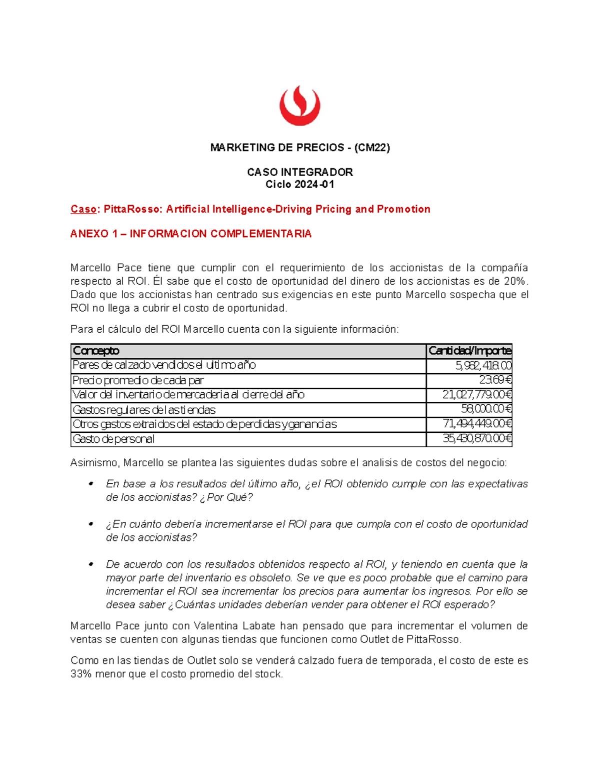 CASO INTEGRADOR CM22: Estrategias de Precio y ROI en PittaRosso - Studocu