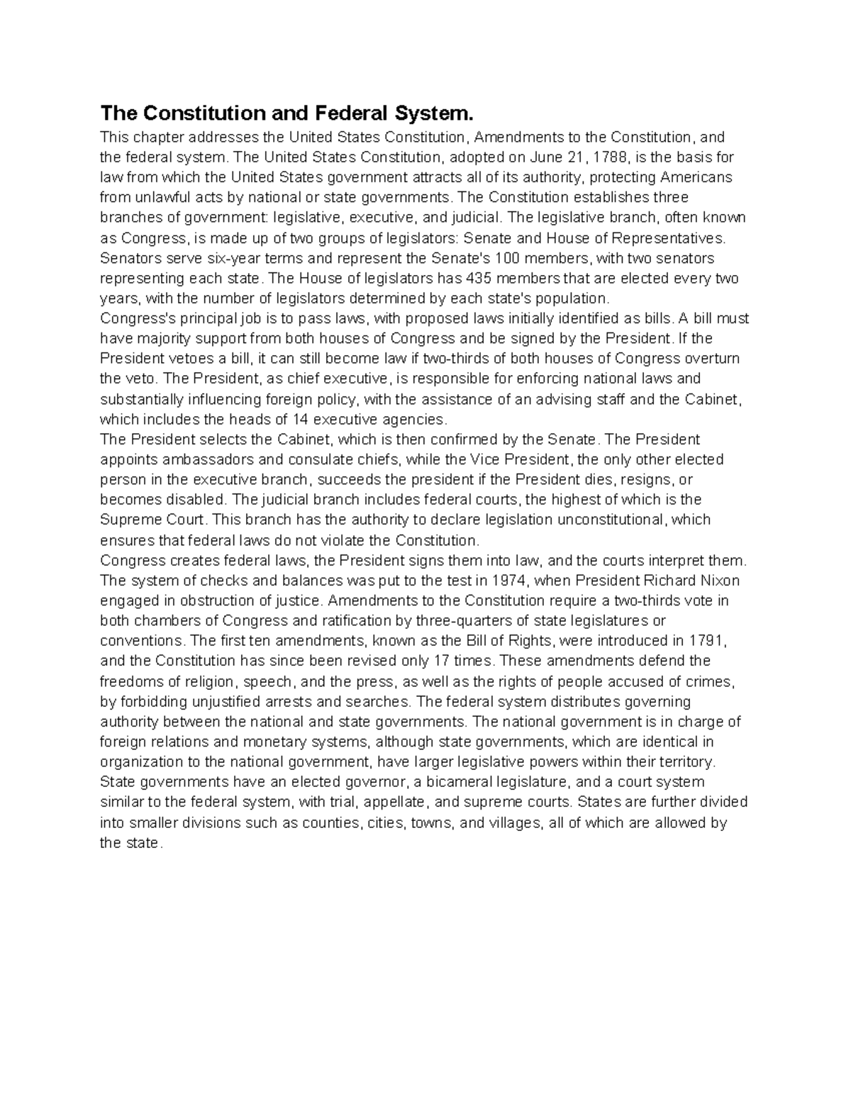 VMM Lesson 13 - Summary of U.S. Constitution and Federal System - Studocu