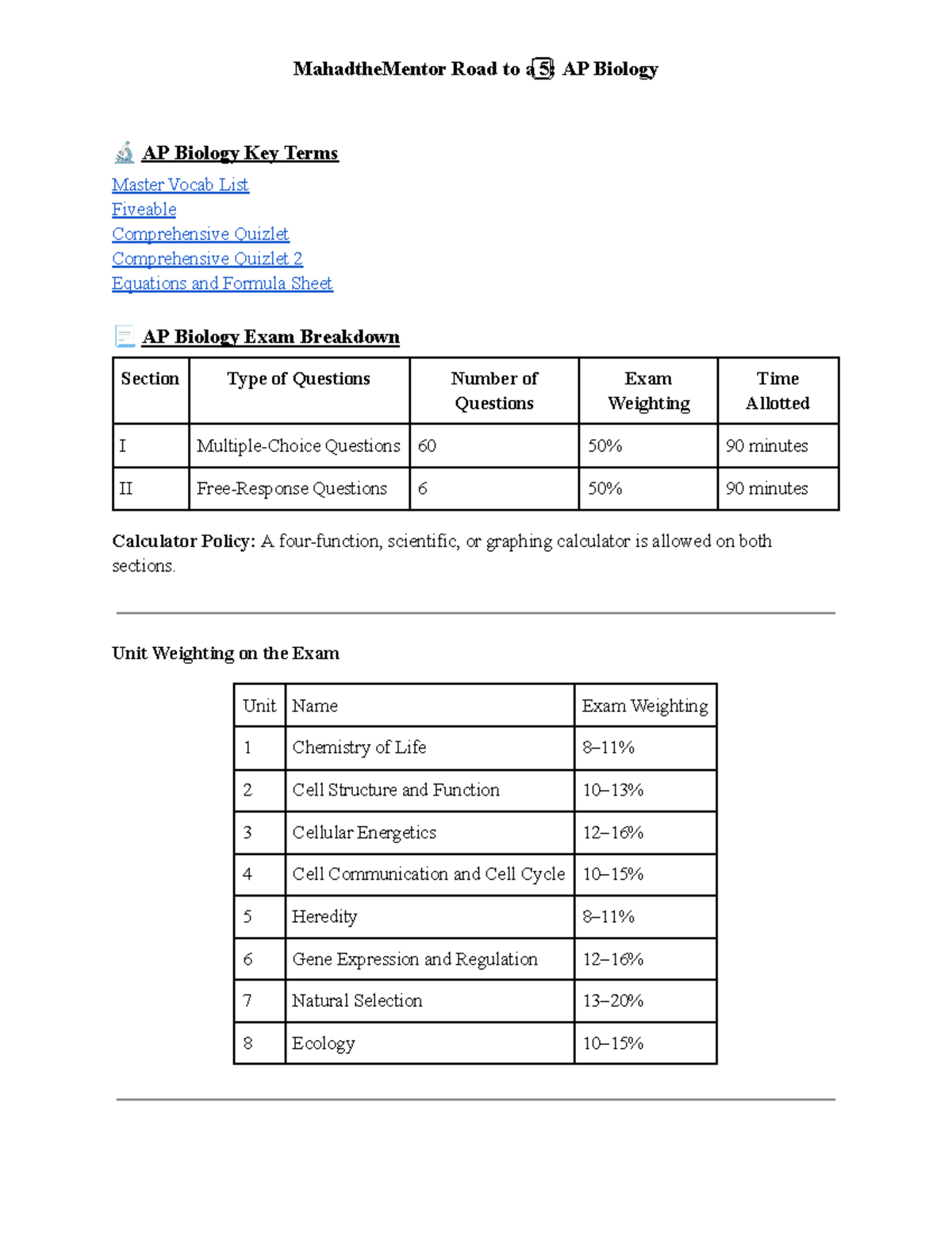 Road to a 5: AP Biology Key Terms & Exam Breakdown Guide - Studocu