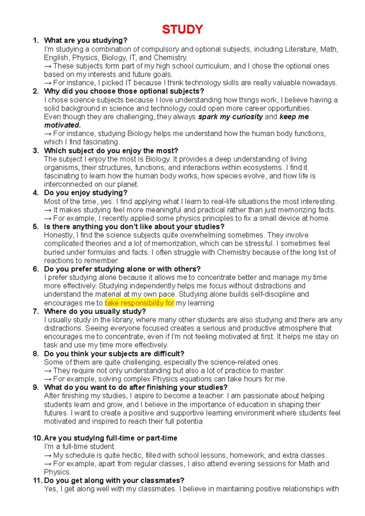 High School Curriculum Reflection: Subjects & Study Preferences - Studocu