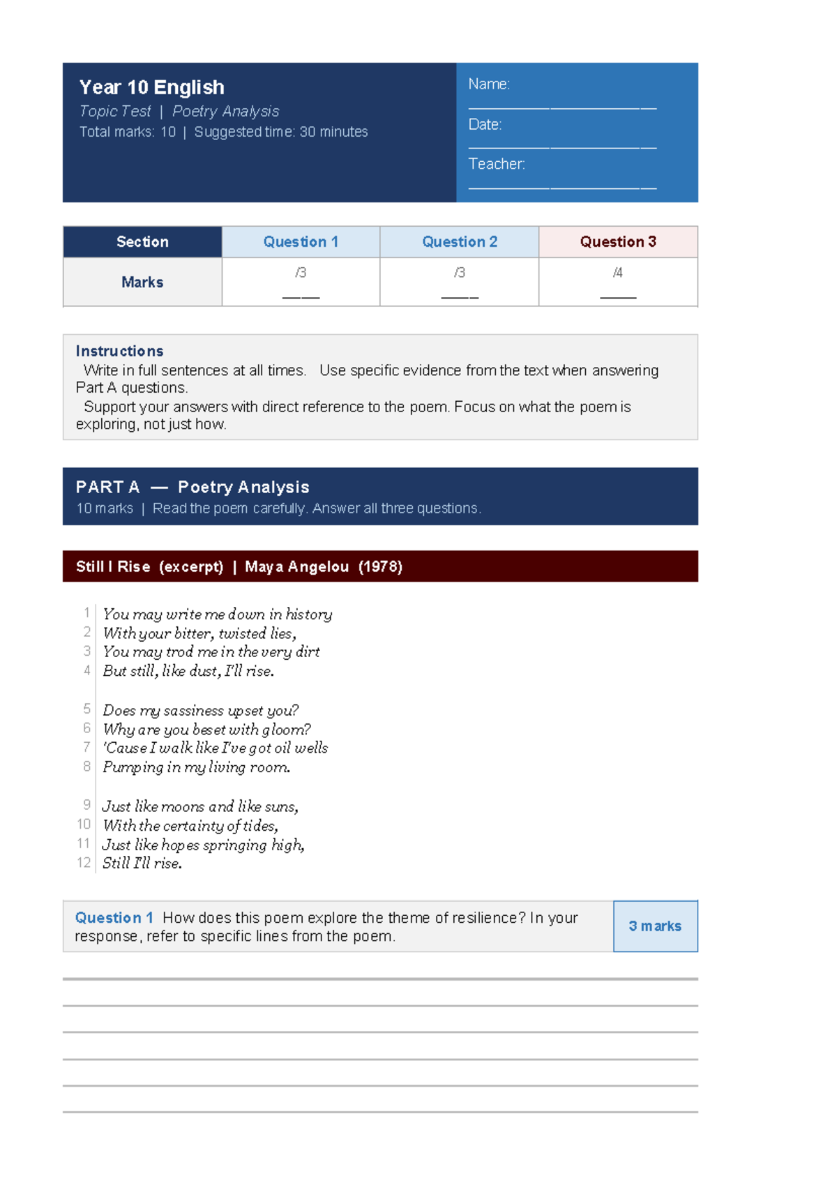 Year 10 English Topic Test: Poetry Analysis on "Still I Rise" - Studocu