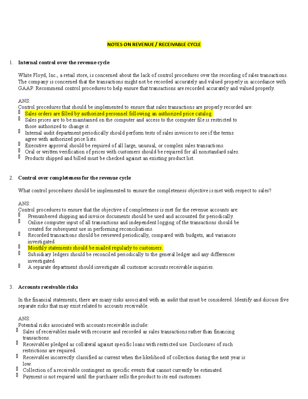 Revenue Cycle Analysis: Internal Control & Audit Procedures - Studocu