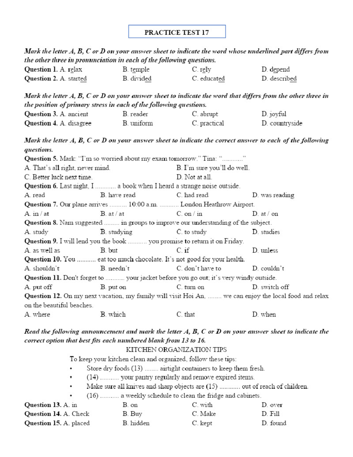 Practice Test 17 for English Language Proficiency Exam - Studocu