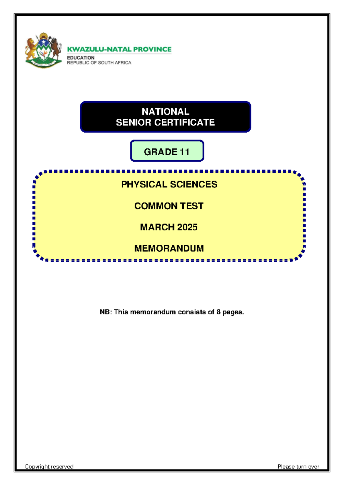 PHSC GR 11 March 2025 Common Test Memorandum - Studocu
