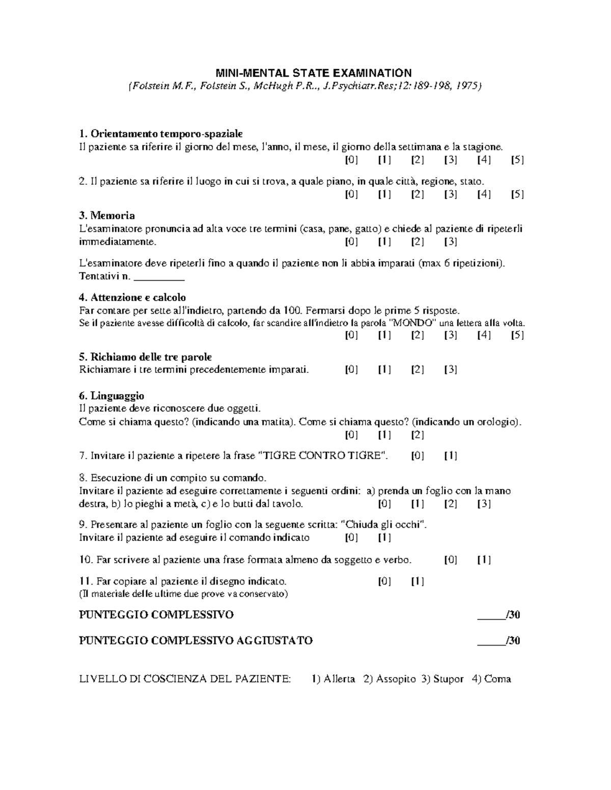 Mini-Mental State Examination (MMSE): Valutazione Funzioni Cognitive ...
