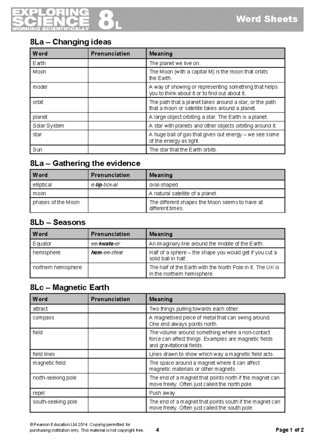 8L Word Sheets: Earth, Moon, Seasons & Magnetic Fields - Studocu