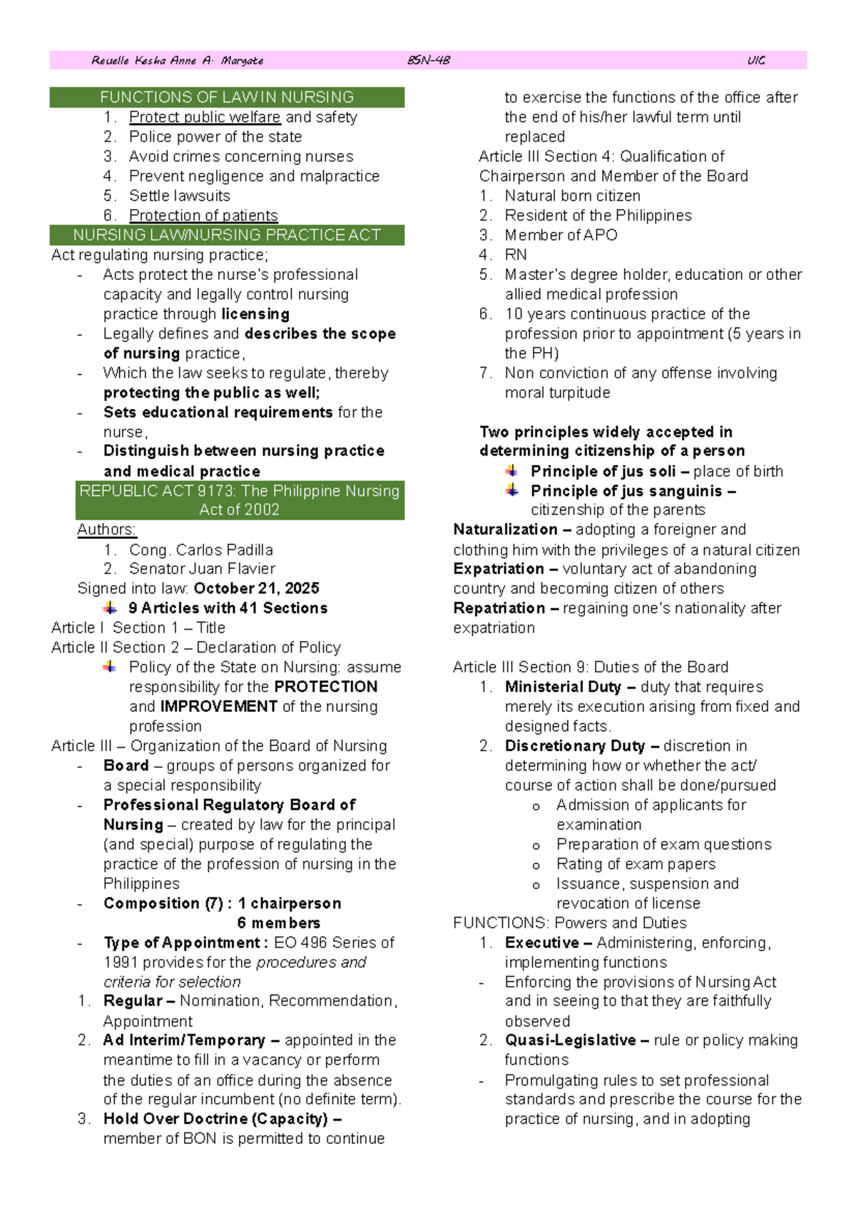 Functions of Law in Nursing (NURS 101) - A Comprehensive Overview - Studocu