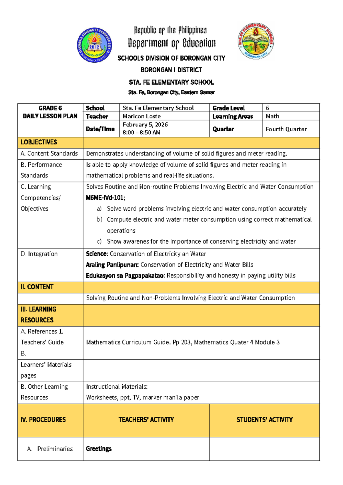 Grade 6 Math Daily Lesson Plan: Volume & Meter Reading (Week 2) - Studocu