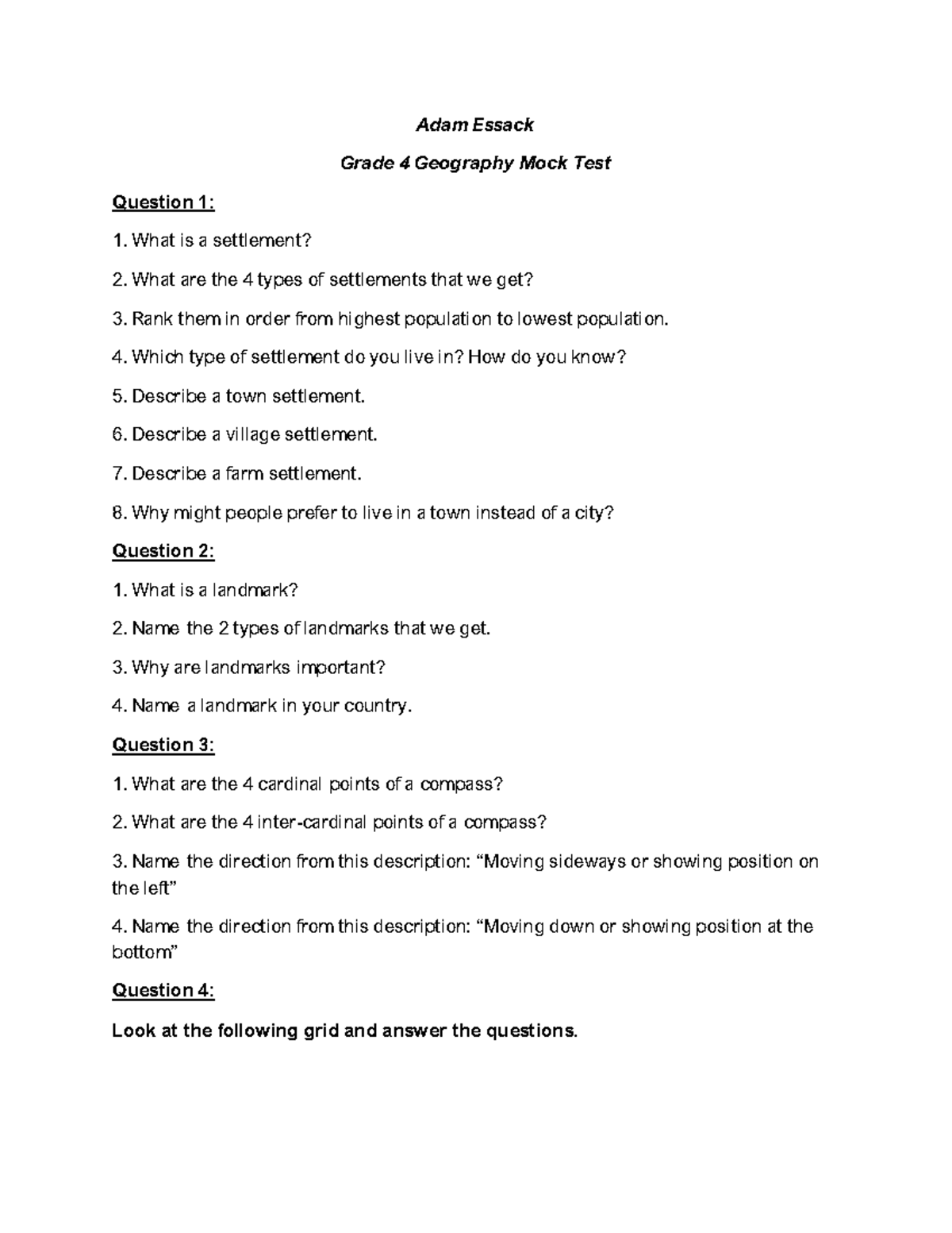 Grade 4 Geography Mock Test - Understanding Settlements & Landmarks ...
