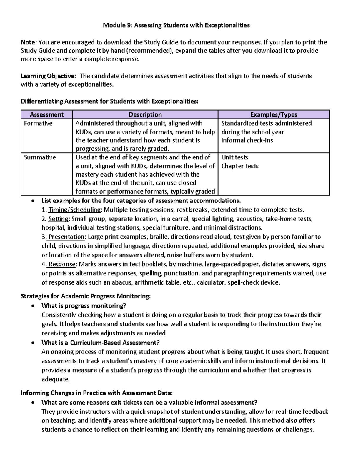 D096 Module 9 study guide: Assessing students with exceptionalities ...