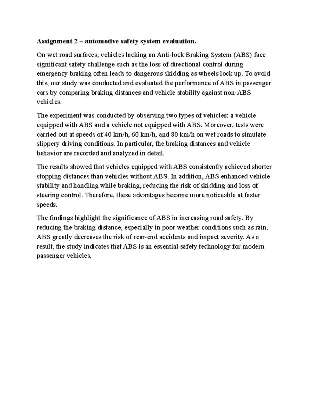 Assignment 2: Evaluation of ABS in Automotive Safety Systems - Studocu