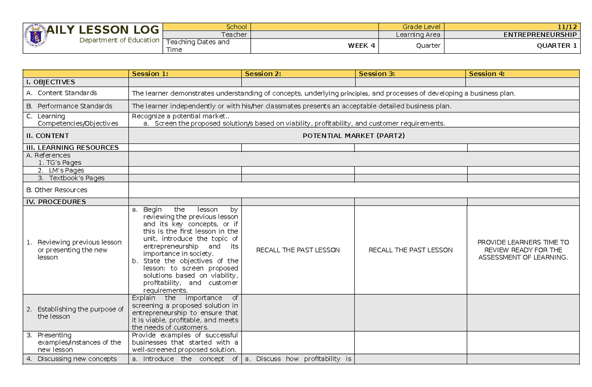 Entrep 101: Daily Lesson Log for Q1 Week 4 - Business Plan Development ...