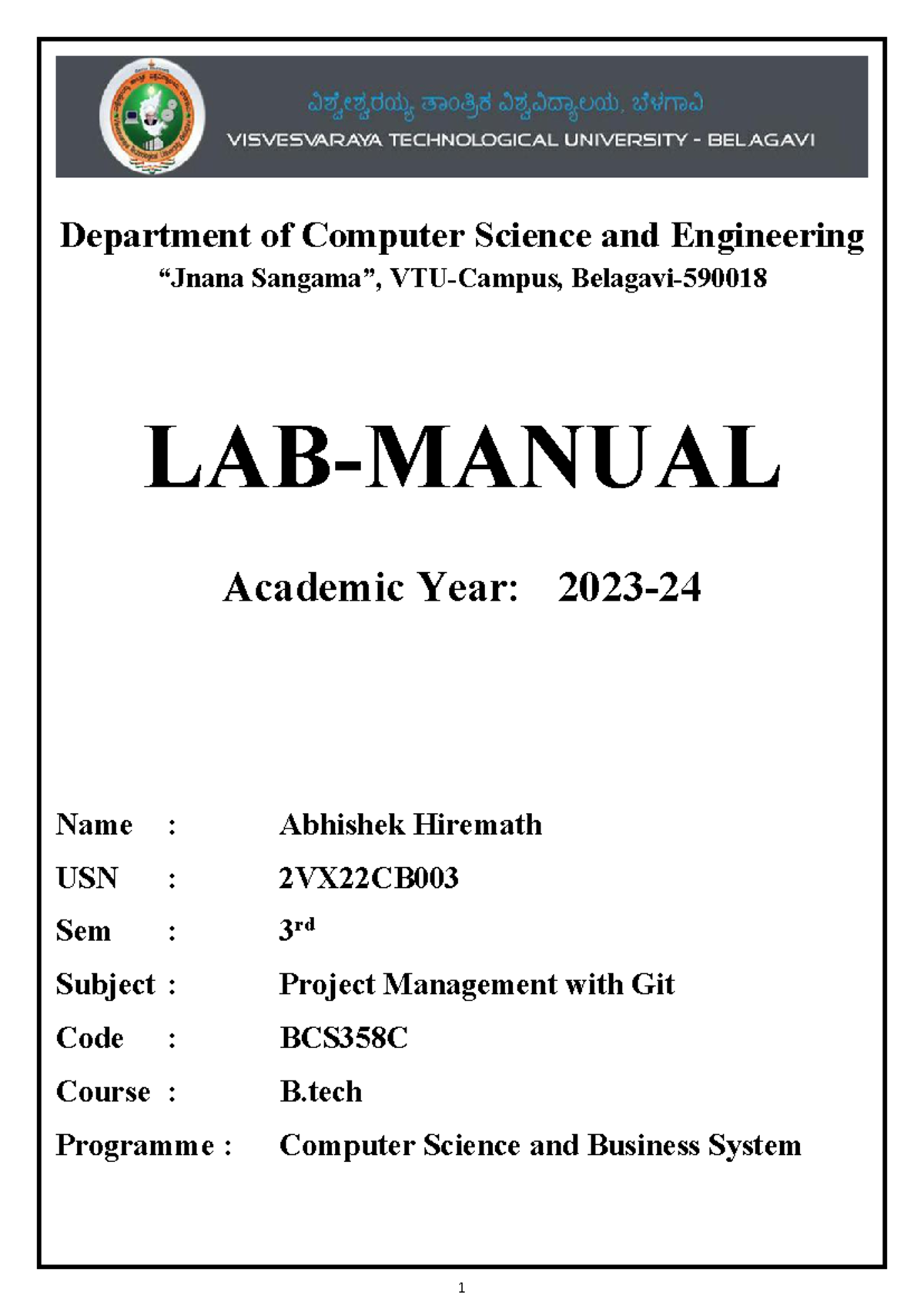 Project Management Lab Manual with Git - BCS358C, Sem 3 - Studocu