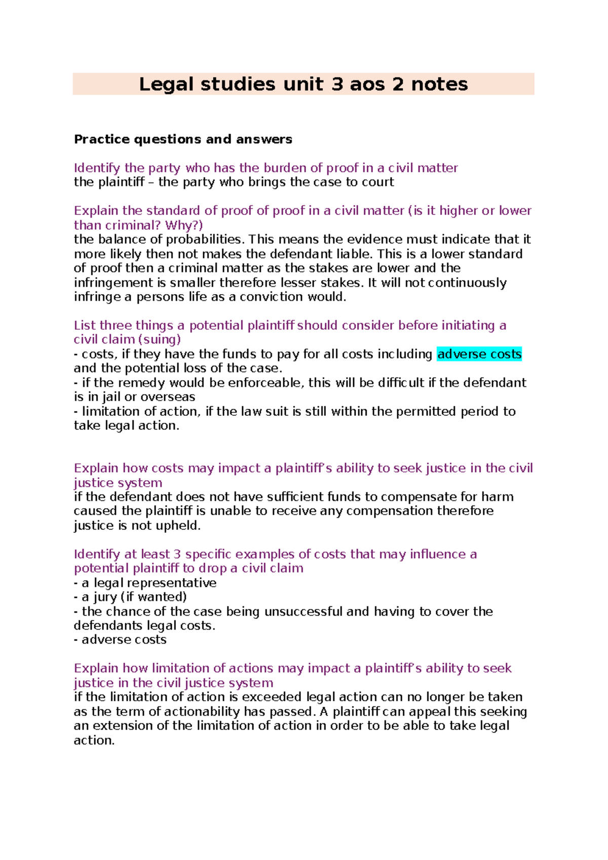 Legal Studies Unit 3 AOS 2: Civil Justice System Notes & Practice Qs ...